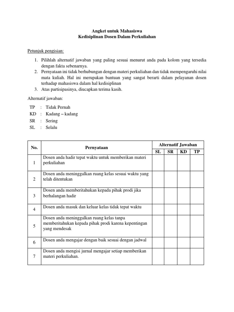 Contoh Angket Untuk Mahasiswa | PDF
