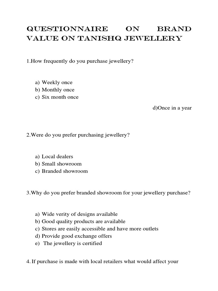 Questionnaire On Brand Value On Tanishq Jewellery | PDF | Retail | Brand