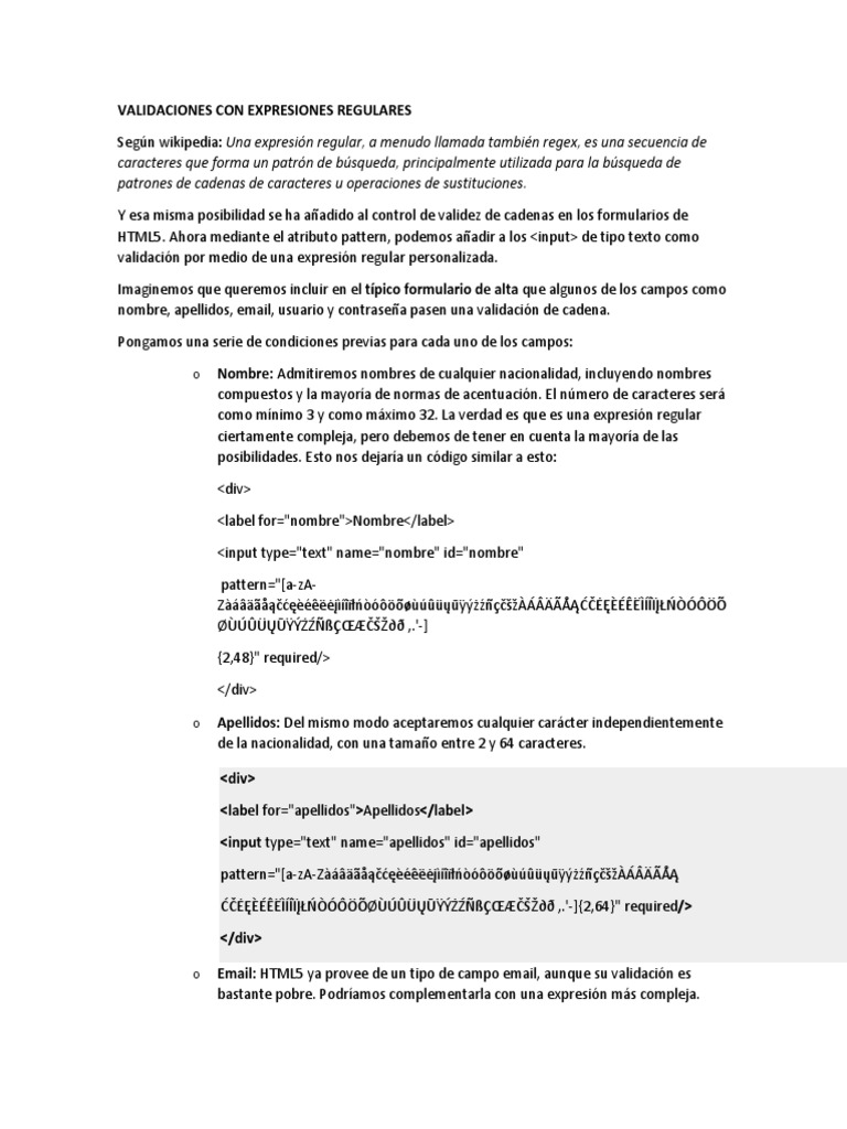 Validaciones Con Expresiones Regulares | PDF | Expresión regular | Hojas de estilo en cascada