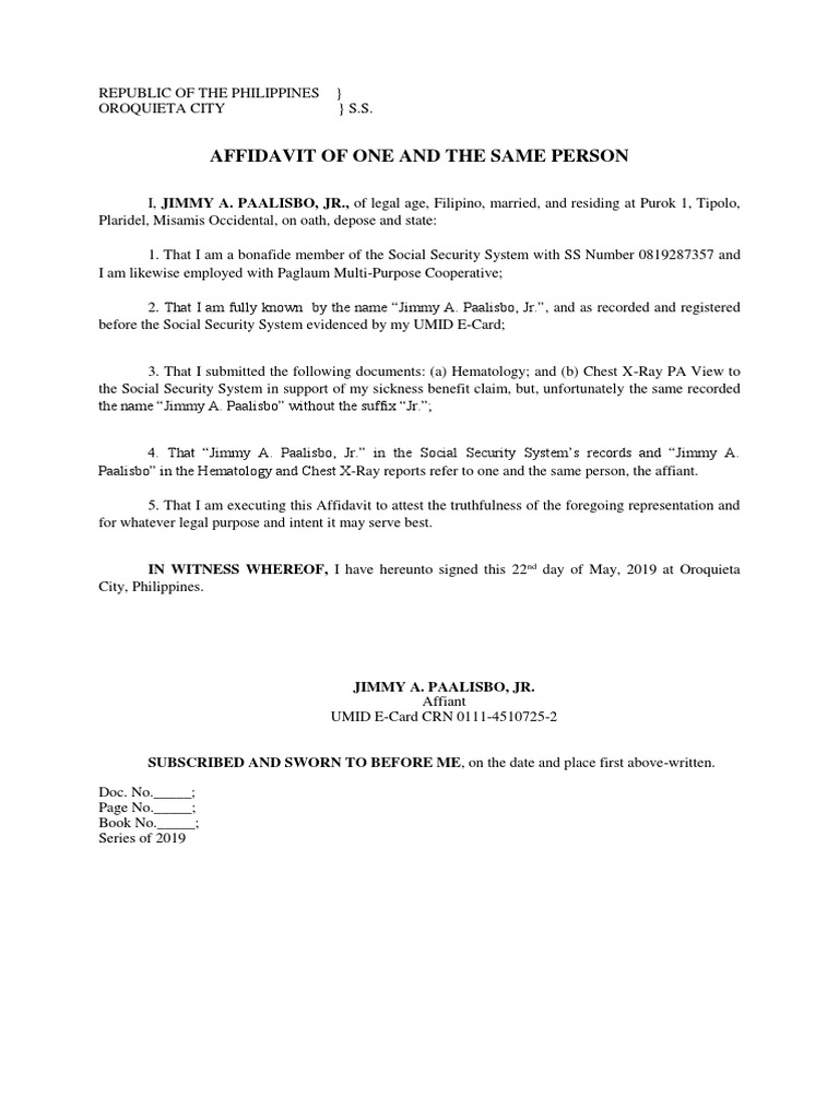 Affidavit of One and The Same Person | PDF