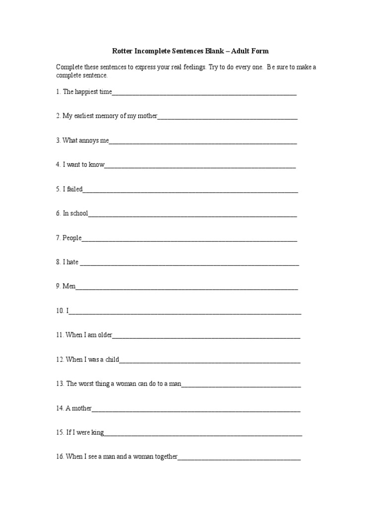 Incomplete Sentences Blank Adult Form | PDF | Behavioural Sciences
