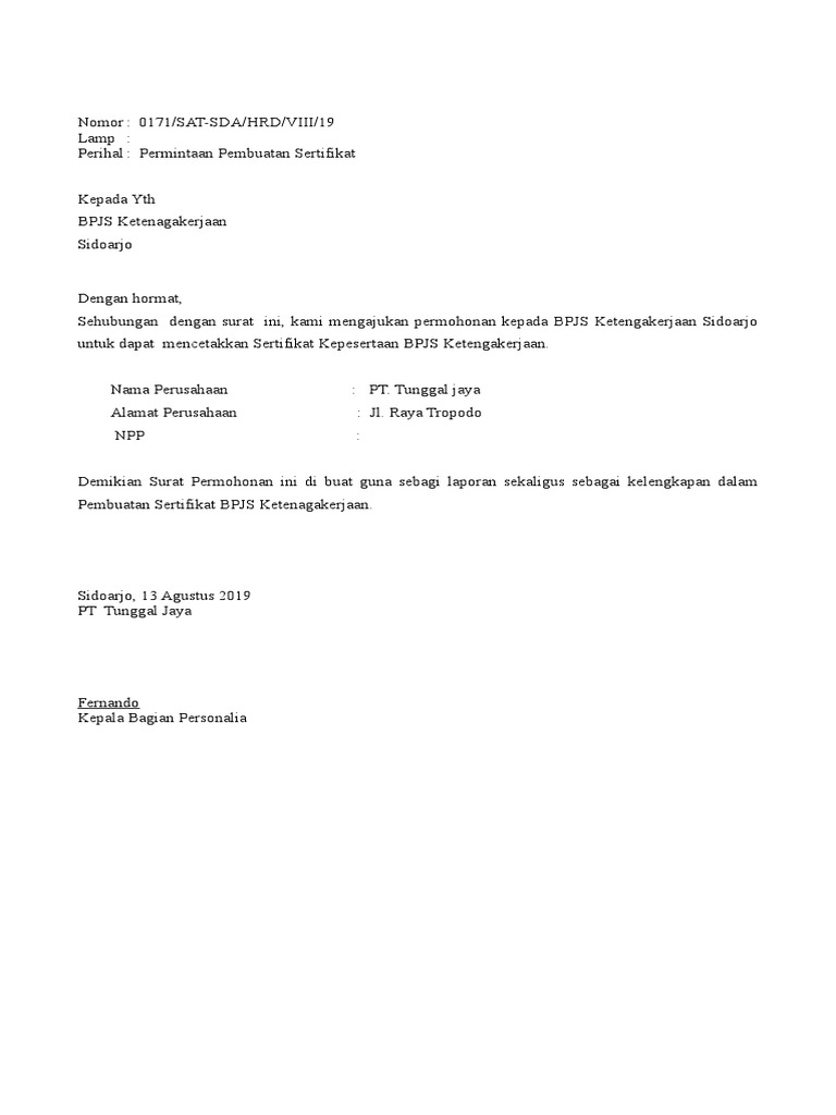 Surat Permohonan Sertifikat Bpjs | PDF
