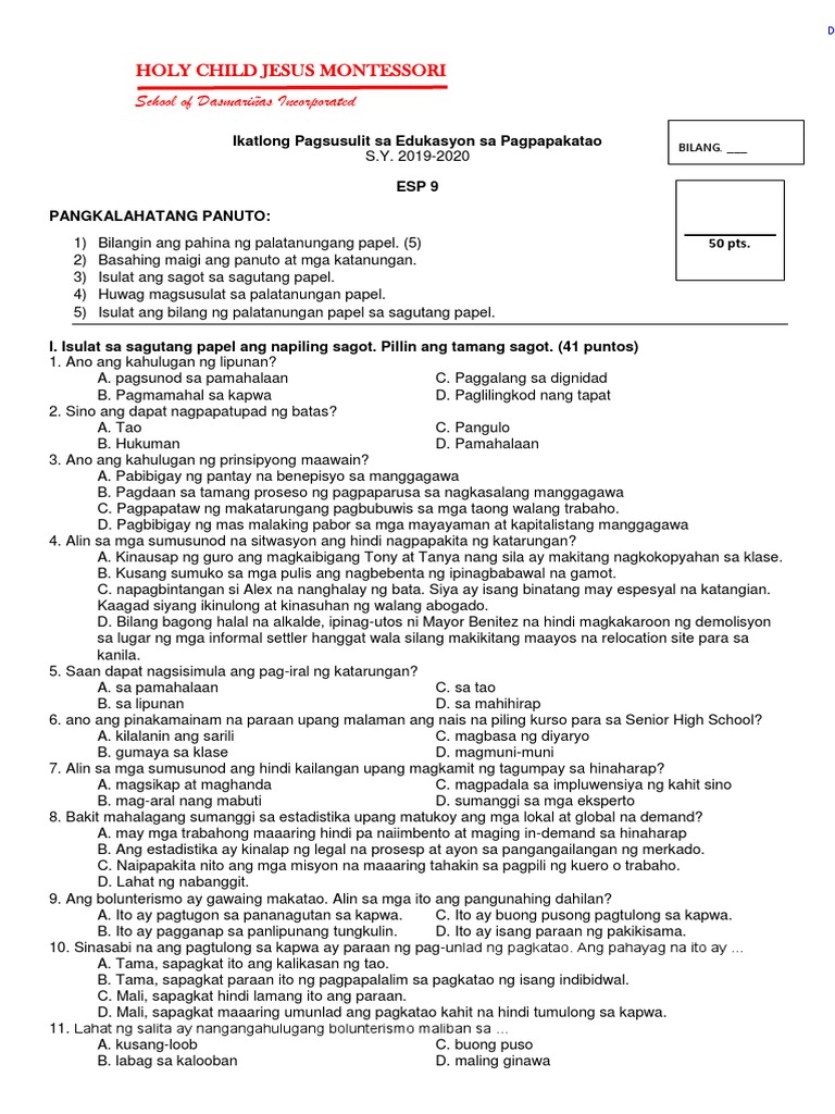 3rd Esp 9 Exam Draft | PDF