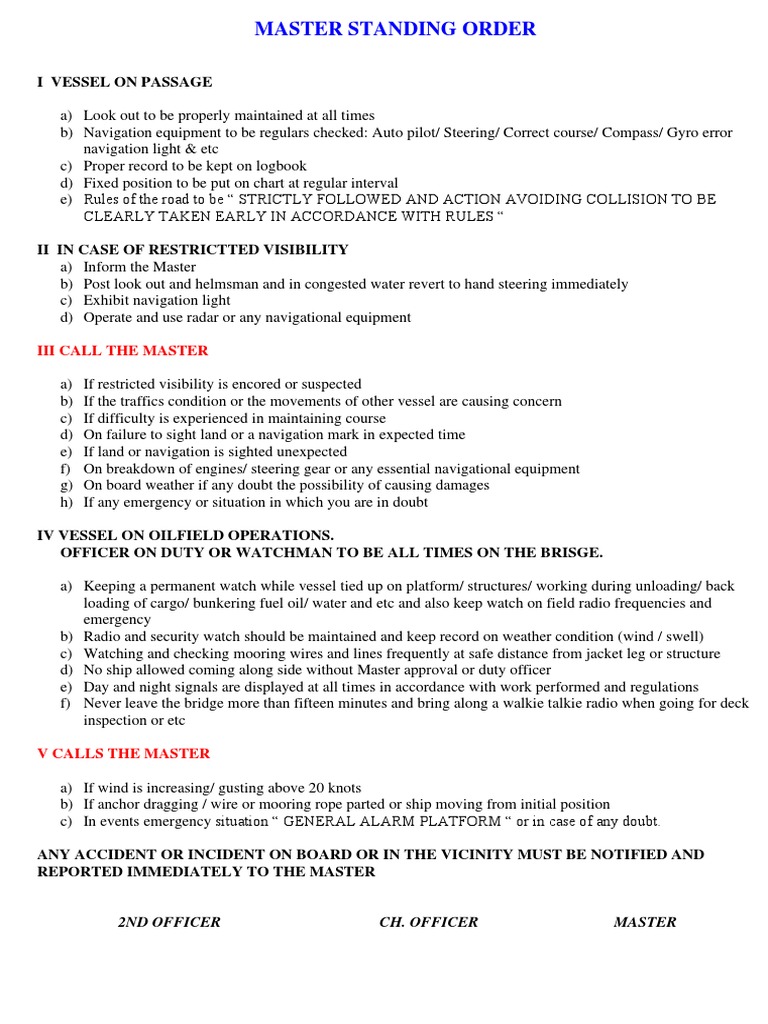 Master Standing Order | PDF | Navigation | Ships