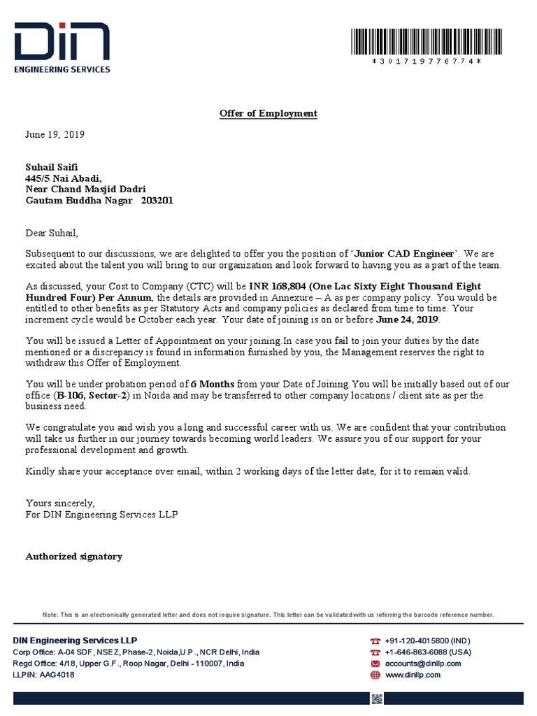 Suhail Saifi-Offer Letter PDF | PDF | Service Industries | Economies