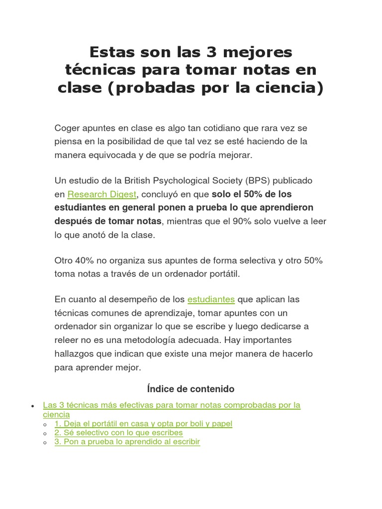 las 3 mejores técnicas para tomar notas en clase | PDF | Habilidades de ...