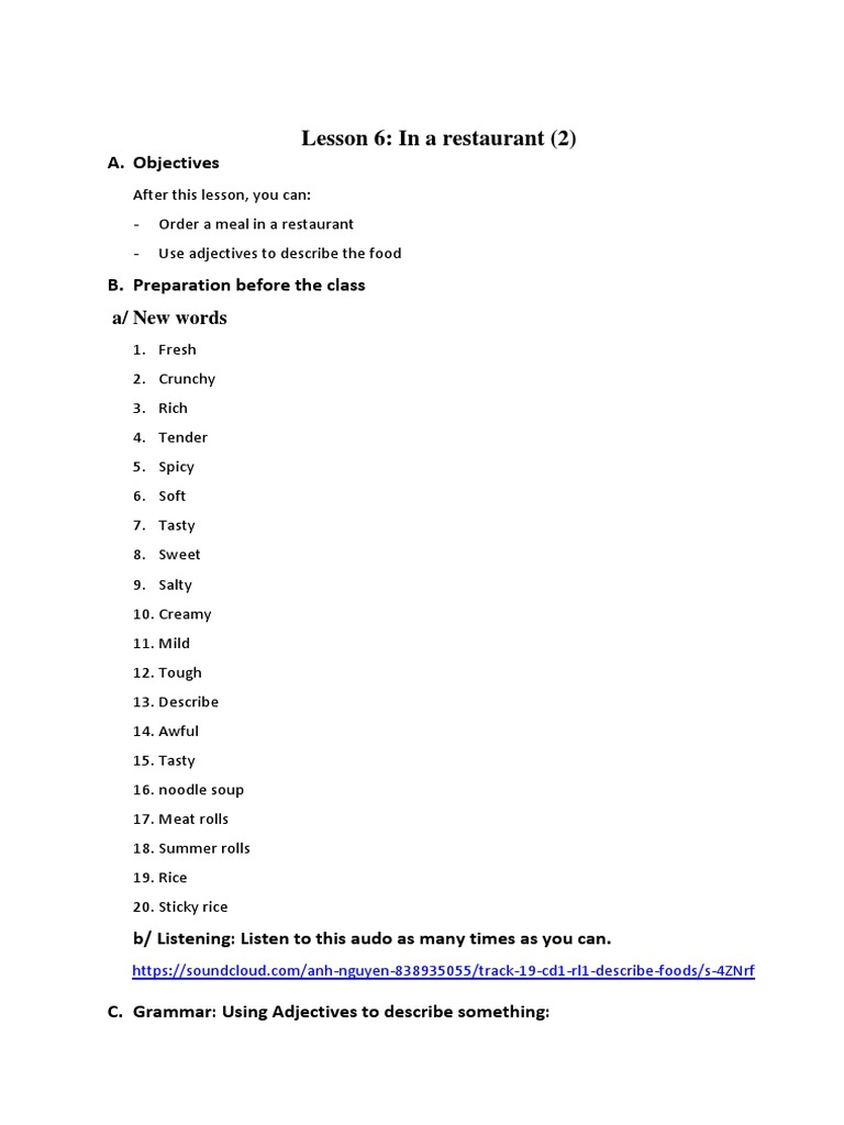 Lesson in A Restaurant Exercise Paper | Download Free PDF | Taste | Foods