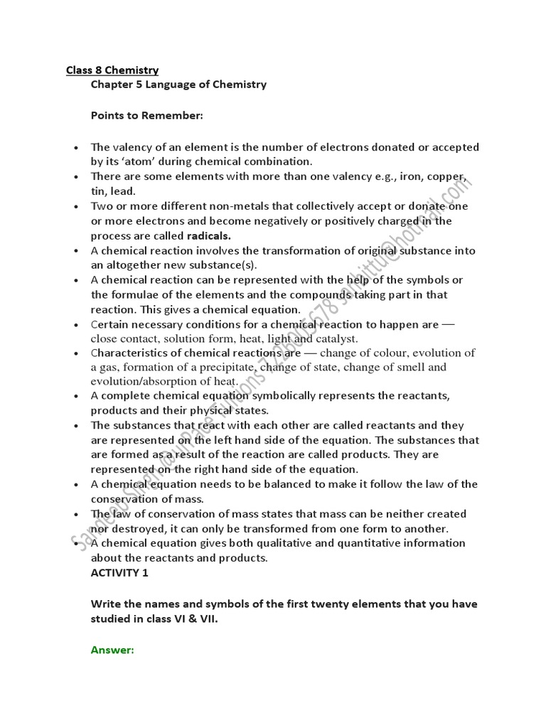 Language of Chemistry for Class 8 ICSE | PDF | Chemical Reactions | Oxide