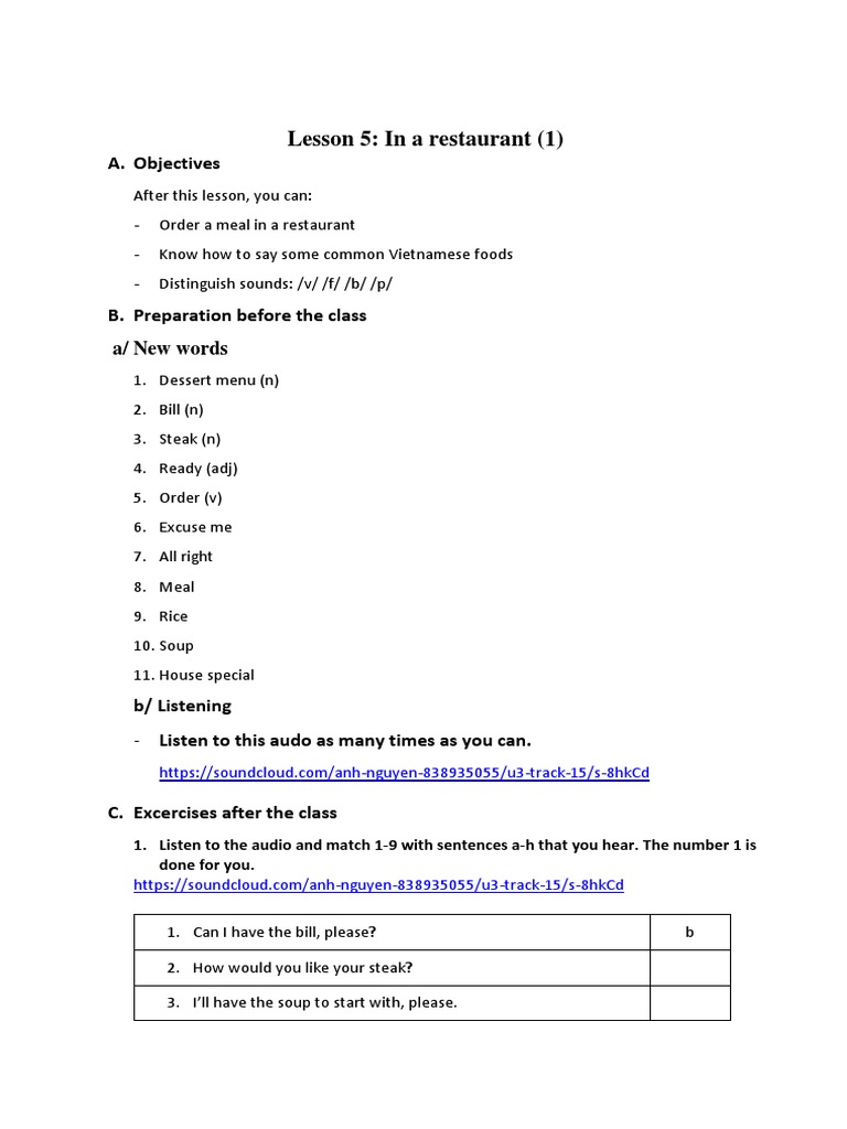 Lesson 5 in A Restaurant (1) Handout | PDF | Restaurants | Waiting Staff