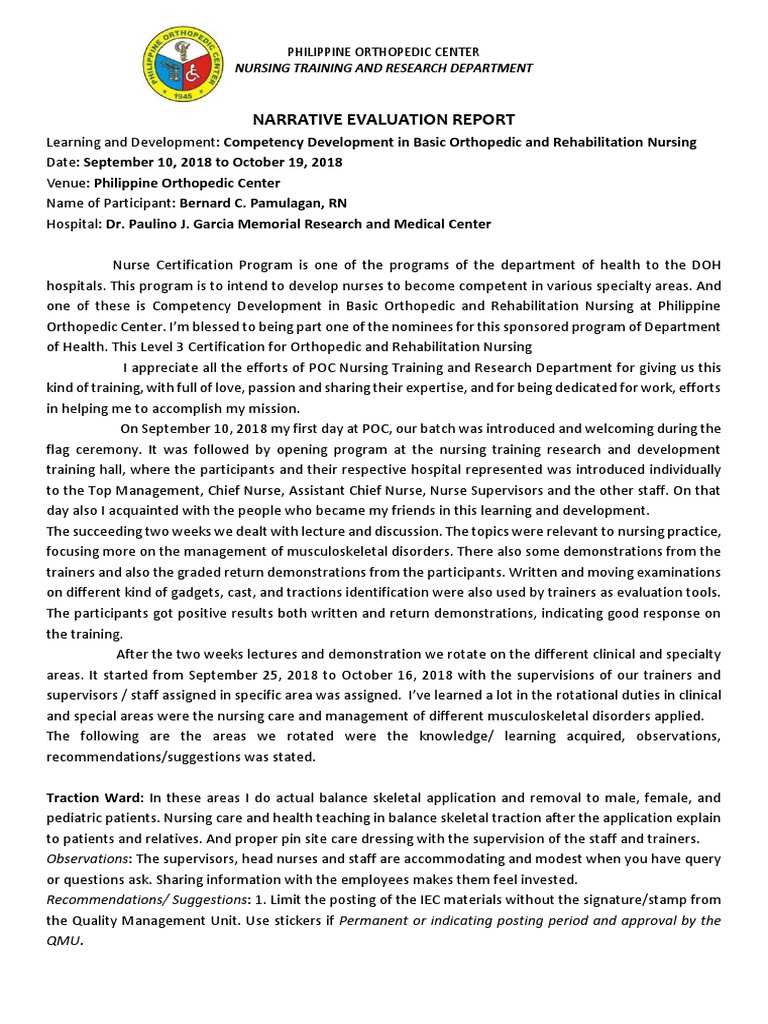 Bernard Narrative Evaluation Report | PDF | Nursing | Orthopedic Surgery