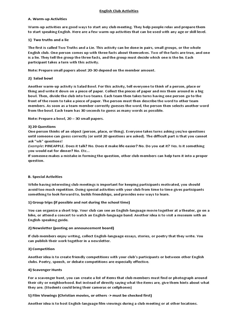 English Club Activities | PDF | English Language