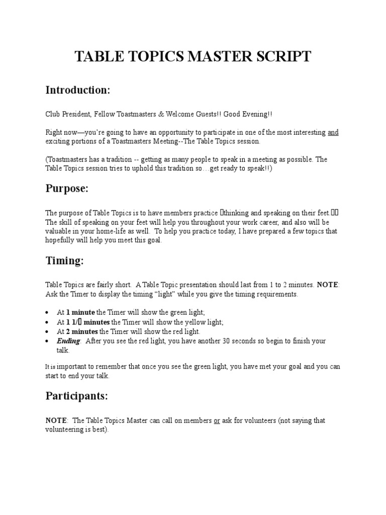 Tabletopics Script 1 | PDF