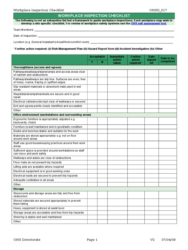 OHS Workplace Checklist | PDF | Dangerous Goods | Occupational Safety ...