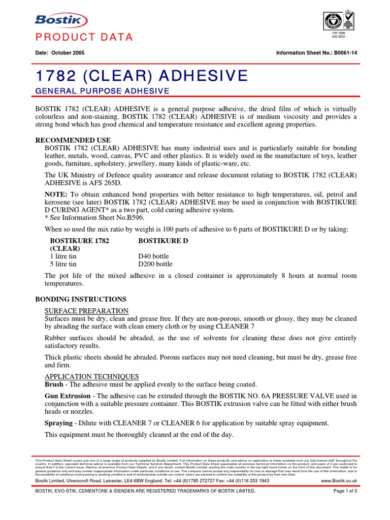 Bostik 1782 - TDS | PDF | Adhesive | Extrusion