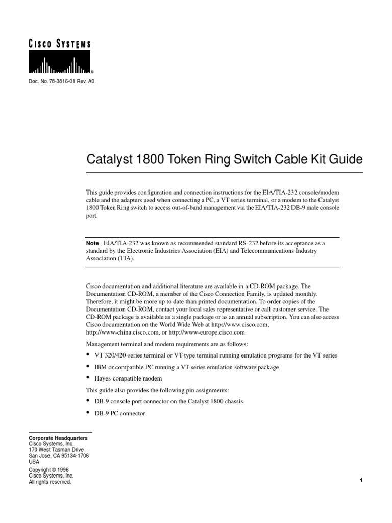 Catalyst 1800 Token Ring Switch Cable Kit Guide: Doc. No. 78-3816-01 ...