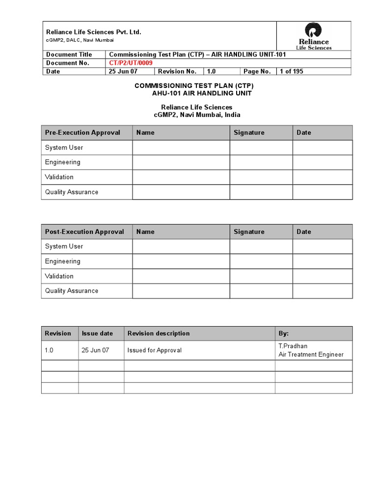 AHU-101 Commissioning Plan | PDF | Verification And Validation | Duct ...