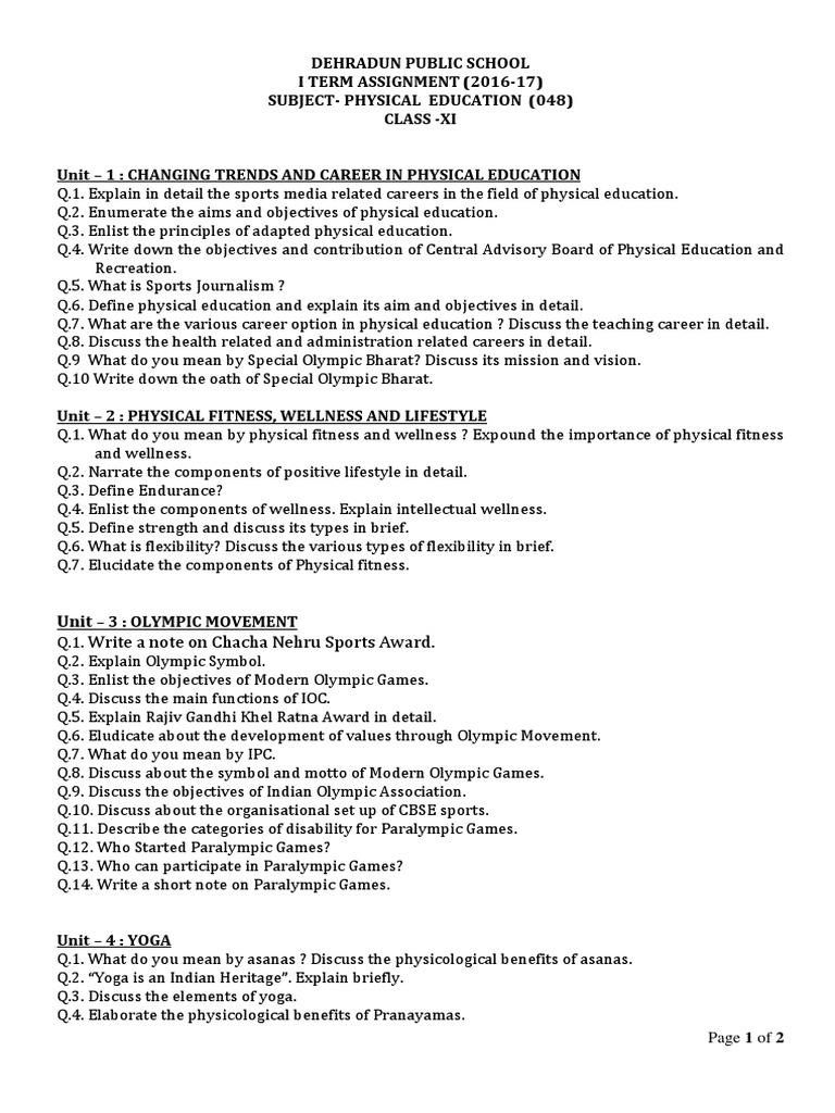 Class XI Important Questions For Physical Education | PDF | Doping In ...