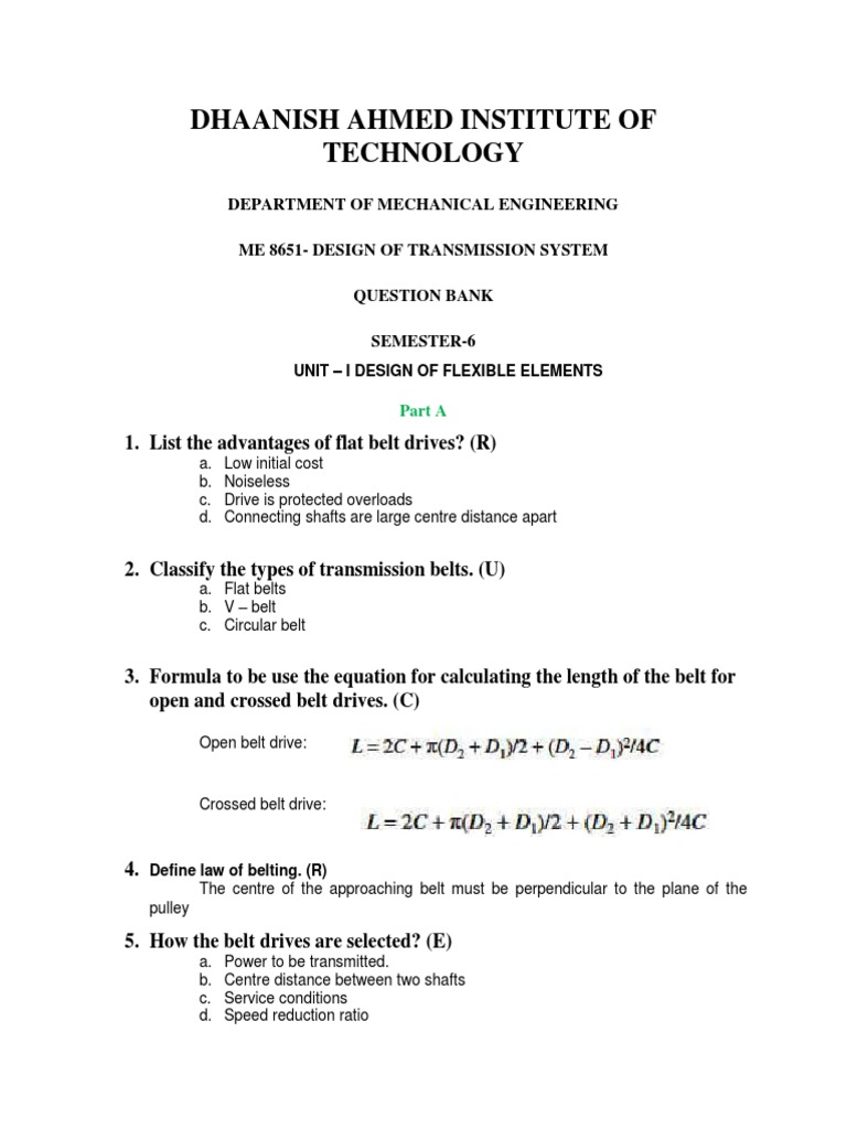 7 Dts Question Bank-1 | PDF | Belt (Mechanical) | Gear