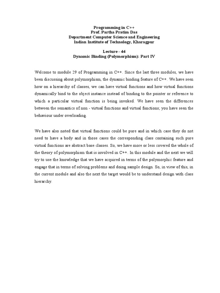Lec 44 Module 29 - Dynamic Binding (Polymorphism) Part IV (Lecture 44) PDF | PDF | Inheritance ...