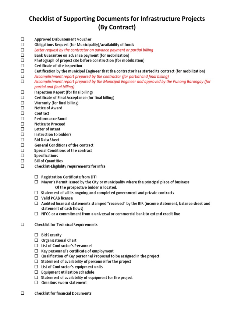 Checklist of Supporting Documents For Infra (Contract) | PDF ...