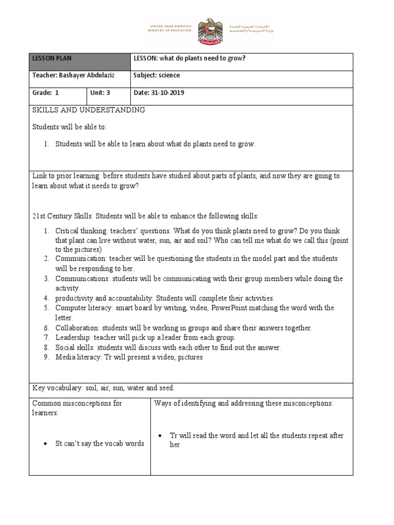 What Do Plants Need To Grow Lesson Plan 2-1 | PDF | Lesson Plan | Literacy