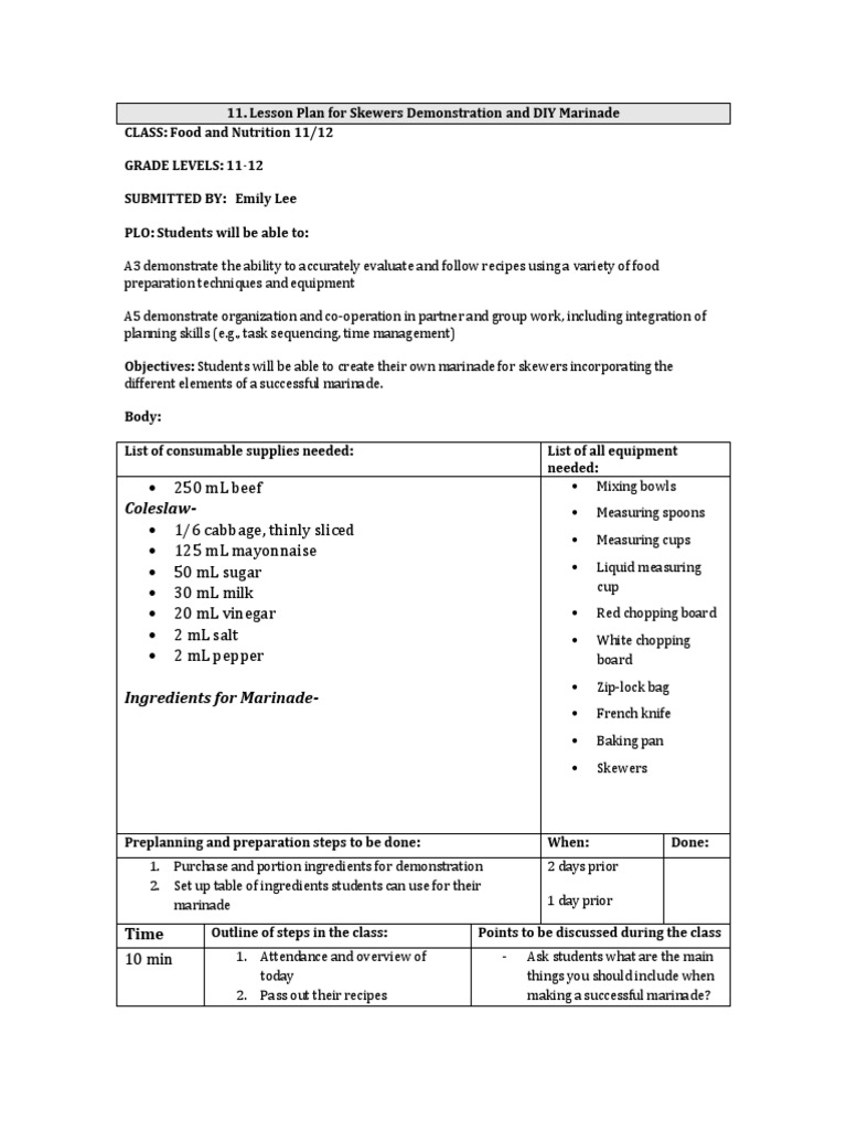 DIY Marinade Beef Lesson Plan | PDF | Beef | Coleslaw