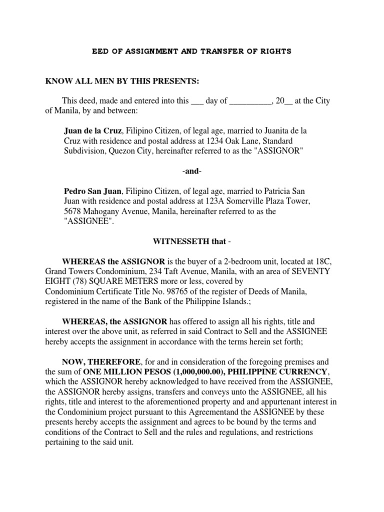 Deed of Assignment and Transfer of Rights | PDF | Assignment (Law ...