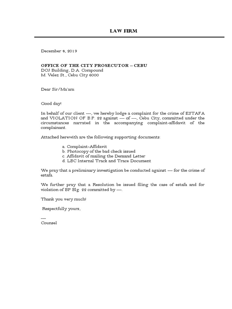 Estafa and B.P. 22 Complaint Filing | PDF | Law