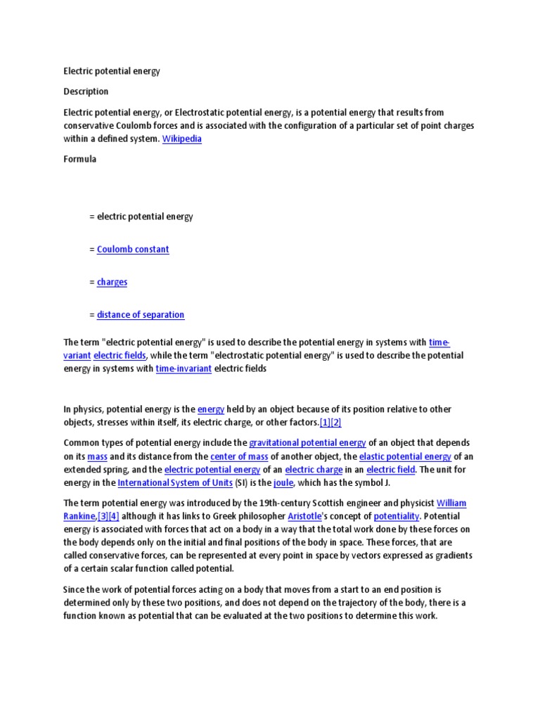 Electric Potential Energy | PDF | Electric Field | Potential Energy