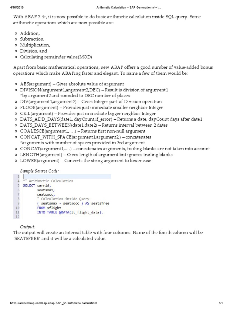 Arithmetic Calculation - ABAP 7.4 | PDF
