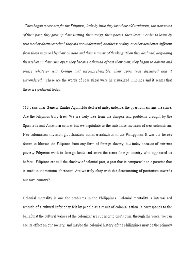 Colonial Mentality Essay | Philippines | Colonialism