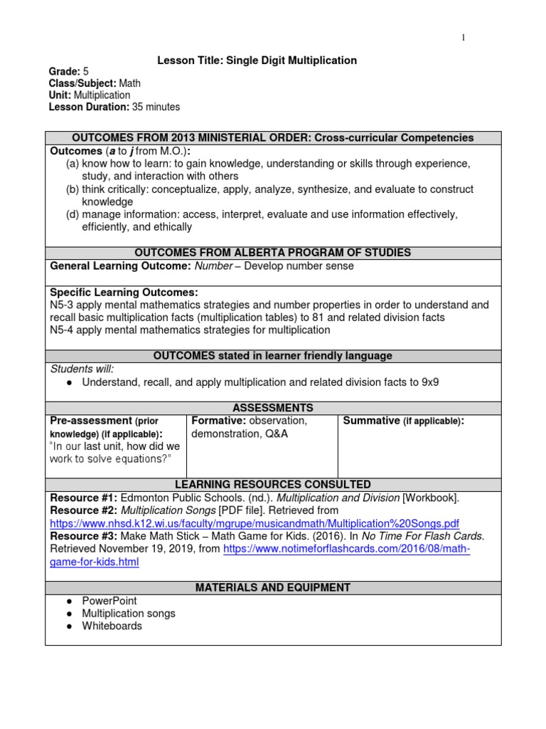 Lesson 1 - Single Digit Multiplication | PDF | Education Theory | Learning