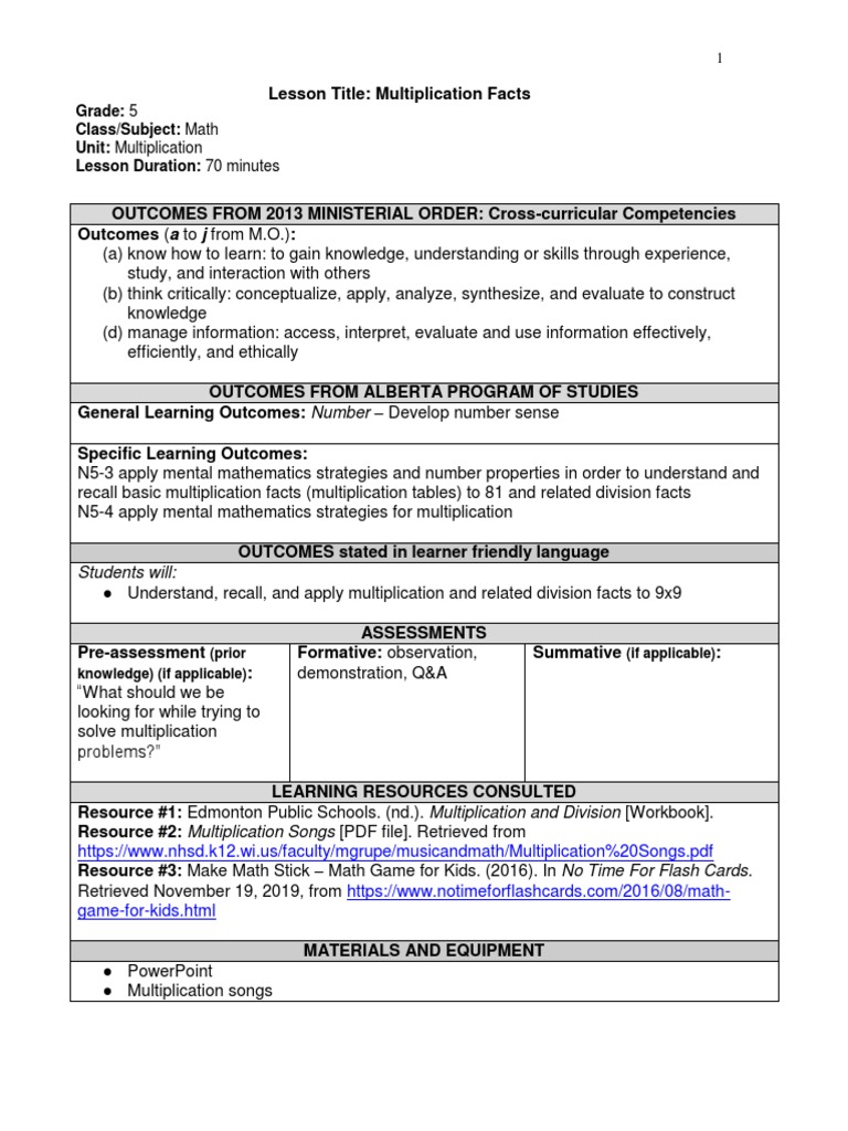 Grade 5 Multiplication Lesson Plan | PDF | Learning | Cognition