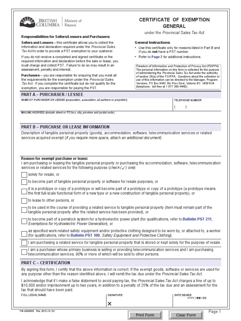 Certificate of Exemption for PST | PDF | Sales Tax | Sales Taxes In The ...