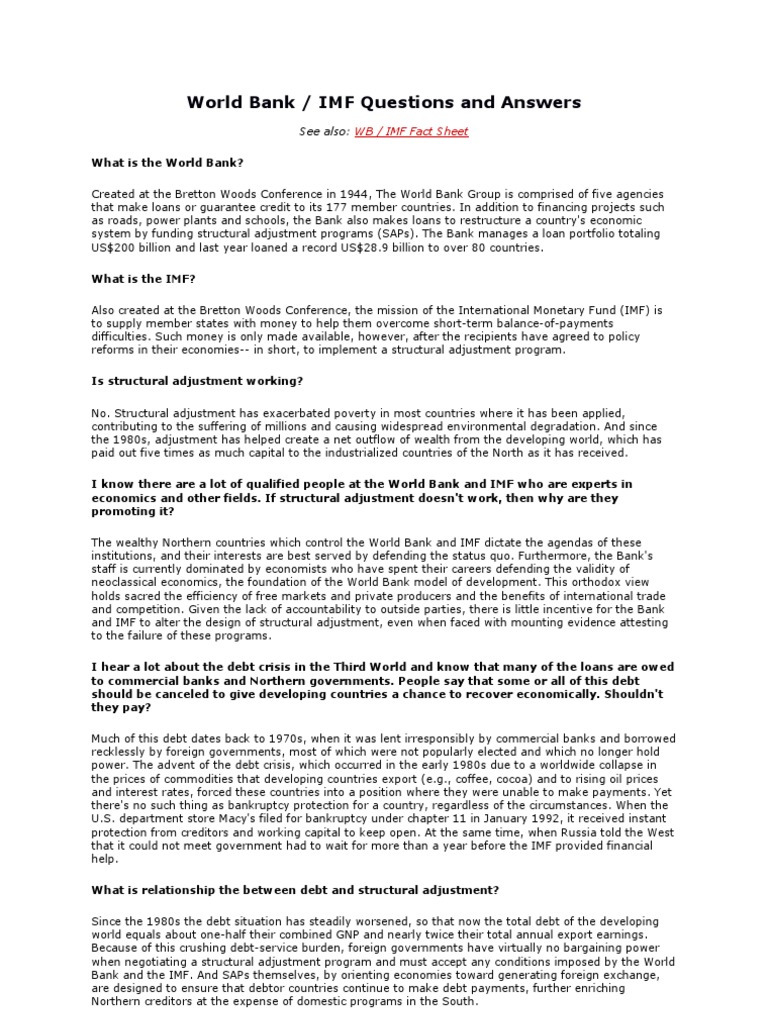 World Bank - IMF Questions and Answers | PDF | Structural Adjustment ...