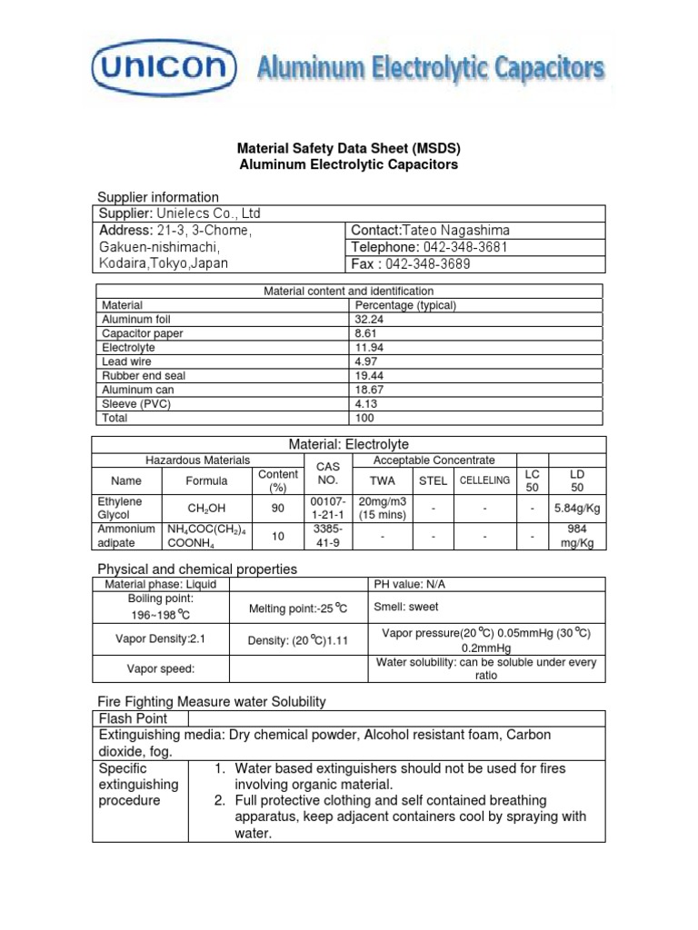 Material Safety Data Sheet Capasitor | PDF | Water | Capacitor