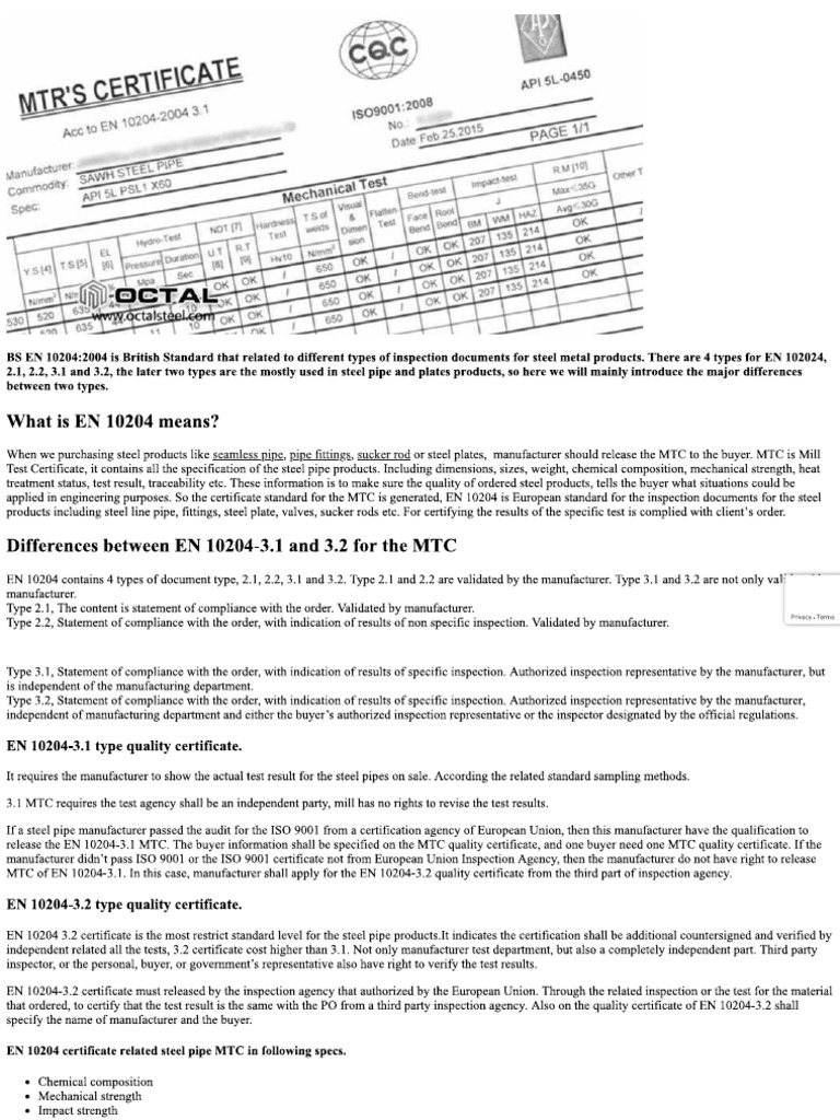What Is BS EN 10204, and The Differences Between EN10204-3.1 and 3 | PDF