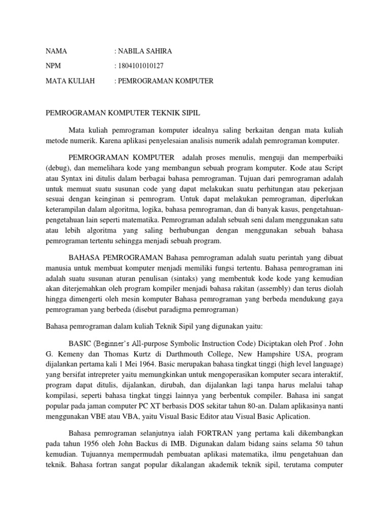 Pemrograman Komputer untuk Teknik Sipil | PDF | Komputer | Teknologi ...