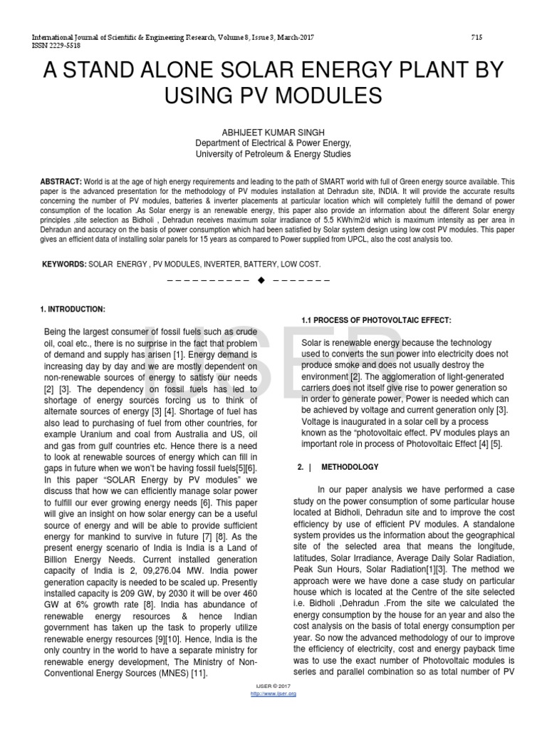 A Stand Alone Solar Energy Plant by Using PV Modules | PDF | Solar ...