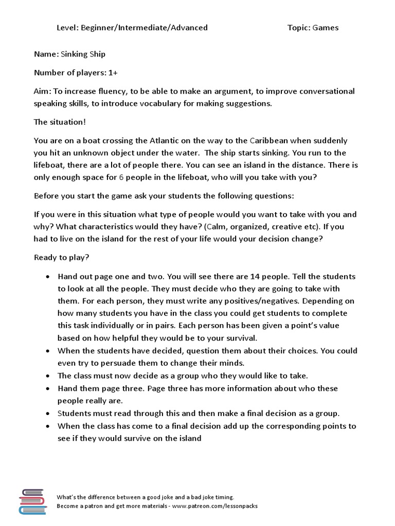 Sinking Ship Game for ESL Students | PDF