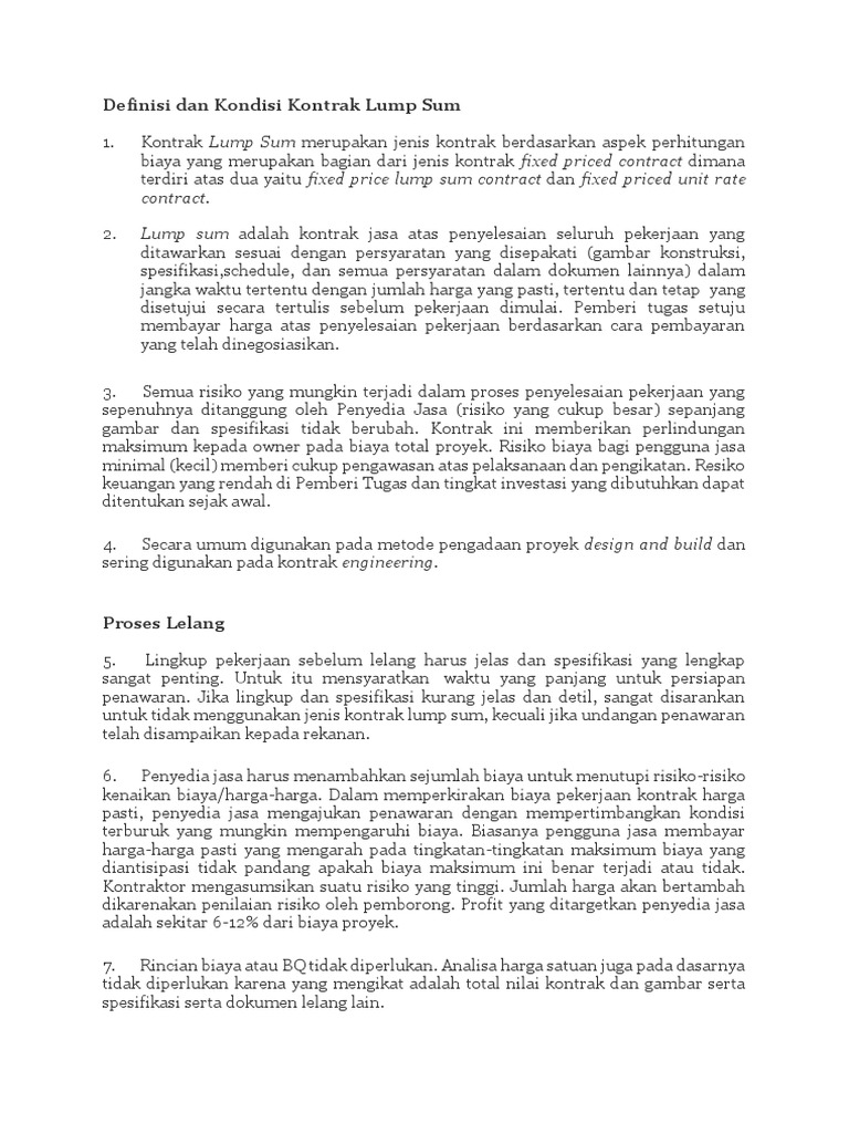 Definisi dan Kondisi Kontrak Lump Sum | PDF | Pengelolaan Keuangan ...