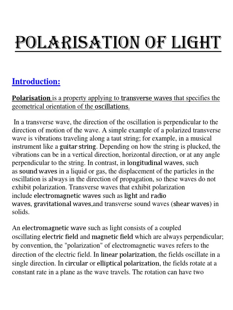 Document Polarisation of Light | Download Free PDF | Polarization (Waves) | Waves