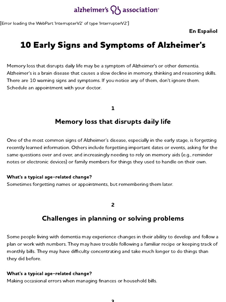 Memory Loss & 10 Early Signs of Alzheimer | PDF | Dementia | Alzheimer ...