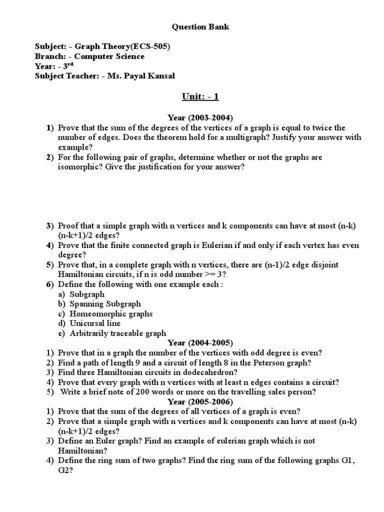 Graph Theory Question Bank | PDF | Vertex (Graph Theory) | Matrix ...