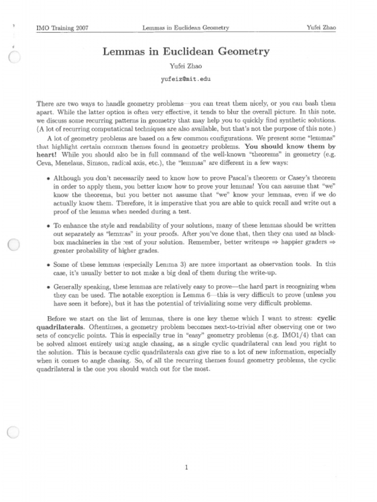 Lemmas in Euclidean Geometry - Yufei Zhao - 2007 Summer | PDF