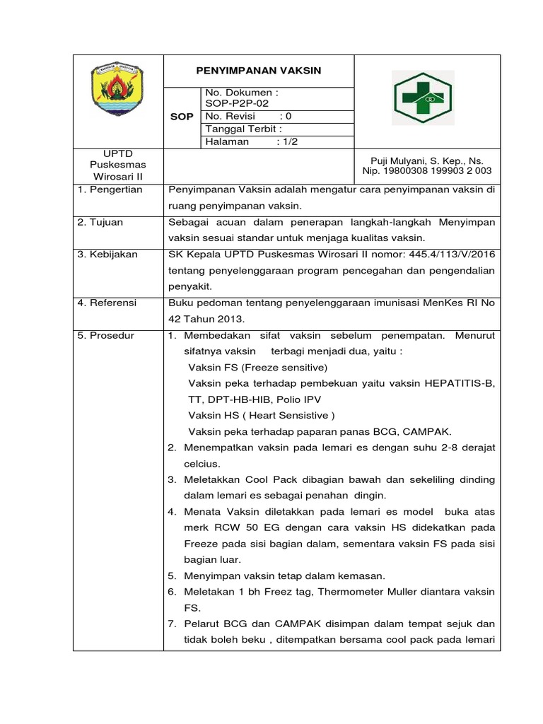 SOP Penyimpanan Vaksin | PDF