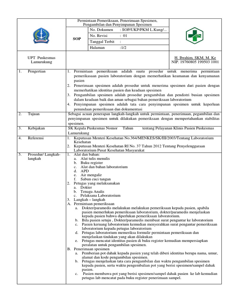 8.1.2.1 Sop Permintaan Pemeriksaan, Penerimaan Spesimen, Pengambilan Dan Penyimpanan Spesimen | PDF