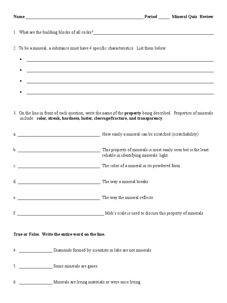 Mineral Quiz Review Sheet | PDF