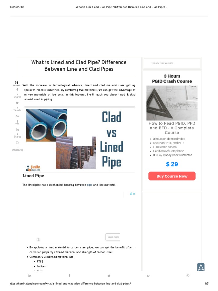 What Is Lined and Clad Pipe - Difference Between Line and Clad Pipes PDF | PDF | Pipe (Fluid ...