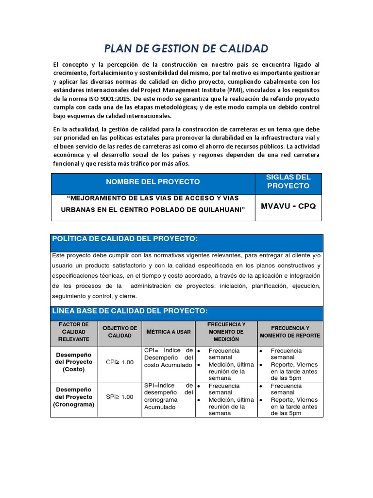 Plan de Gestion de Calidad | PDF | Calidad (comercial) | Sistema de manejo de calidad